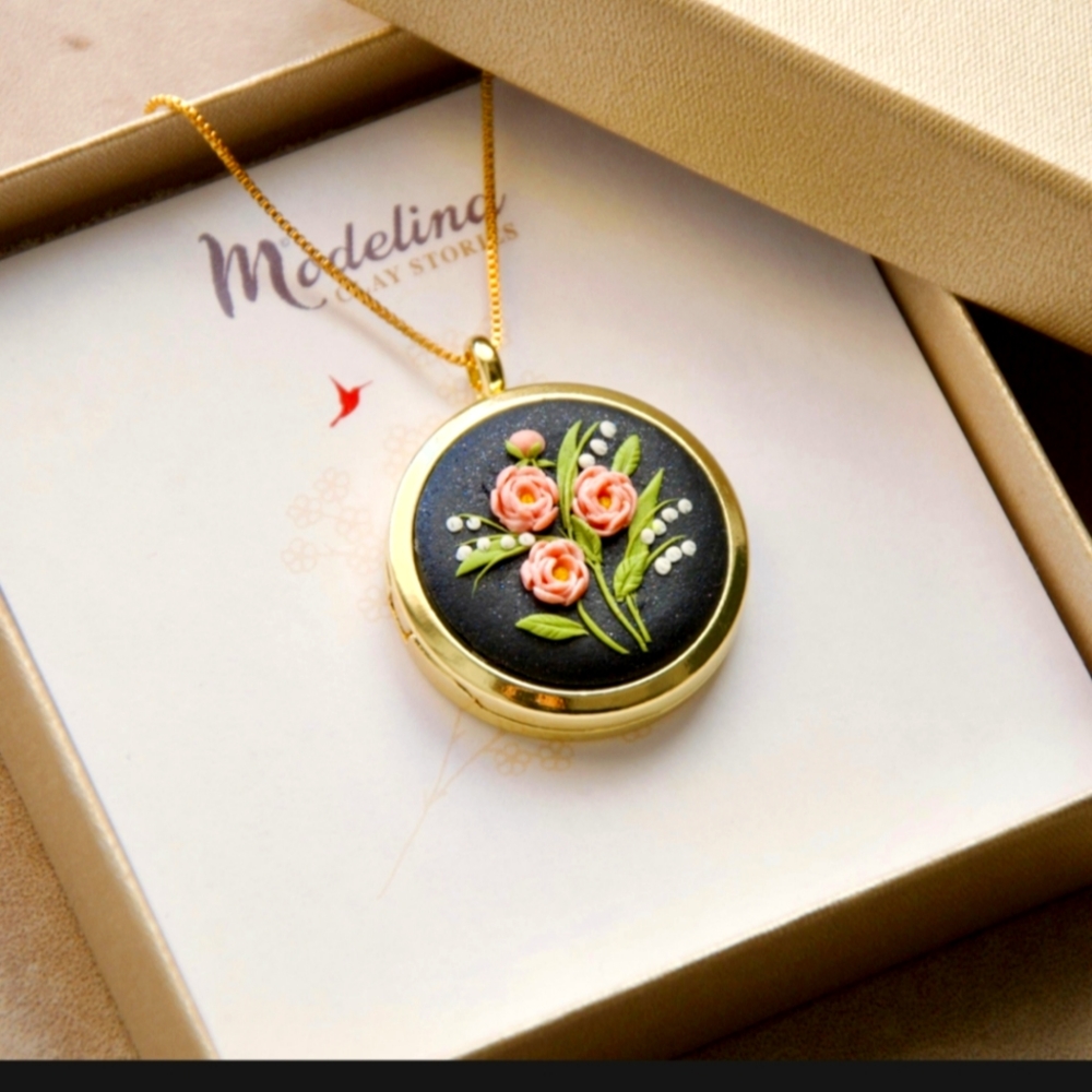 Lilly Of The Valley Clay Modeled Necklace Locket With… - Gem